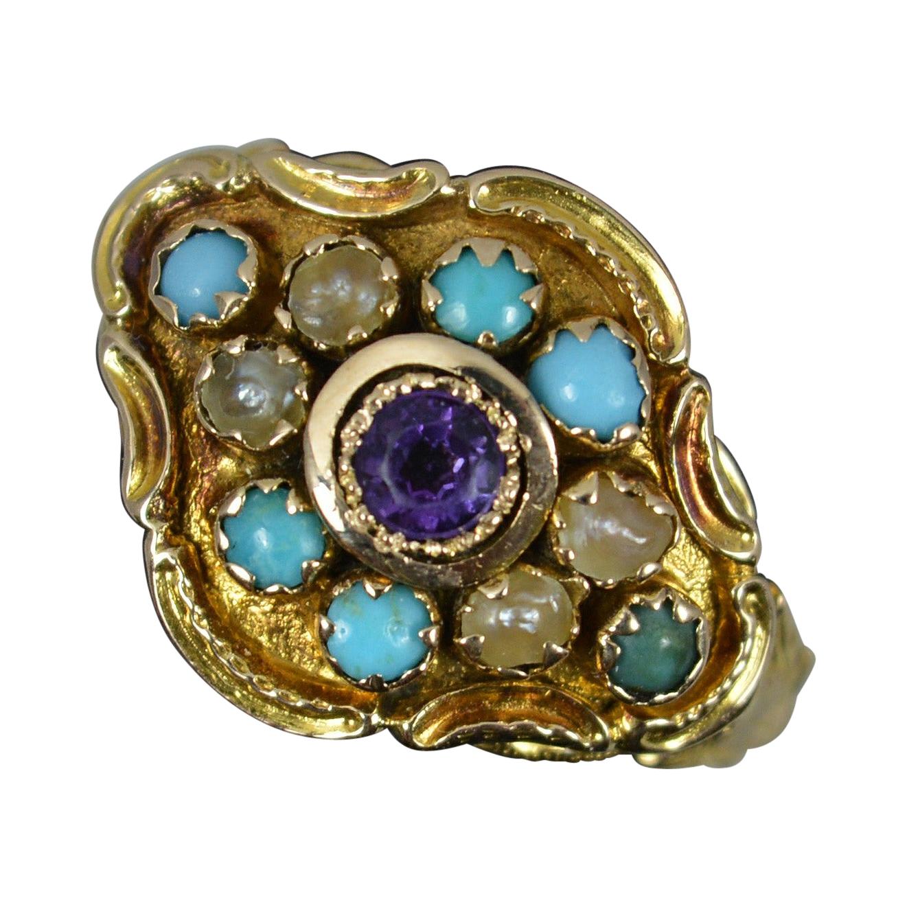 Georgian 15ct Gold Amethyst Turquoise and Pearl Cluster Ring at 1stDibs