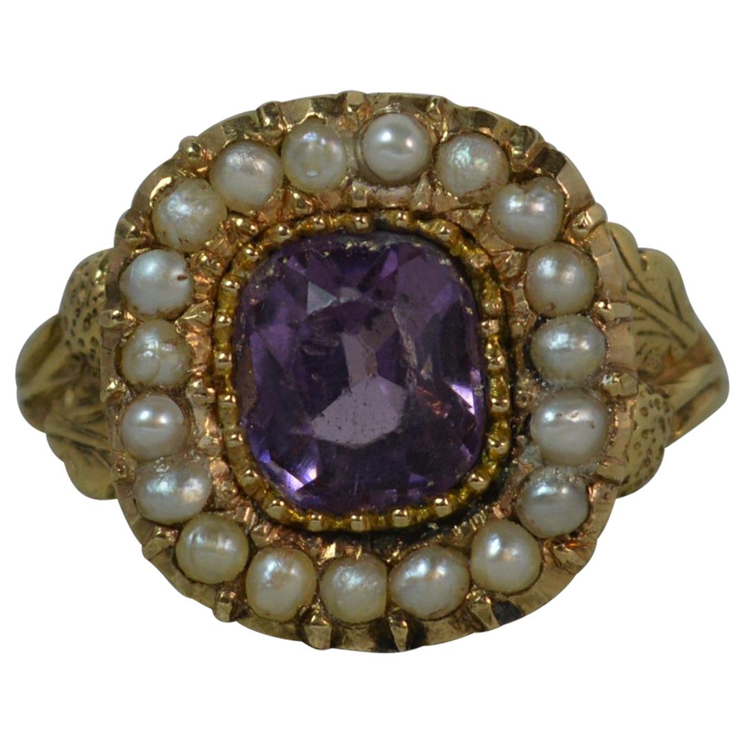 Georgian 18 Carat Gold Foiled Back Amethyst Pearl Acorn Ring at 1stdibs
