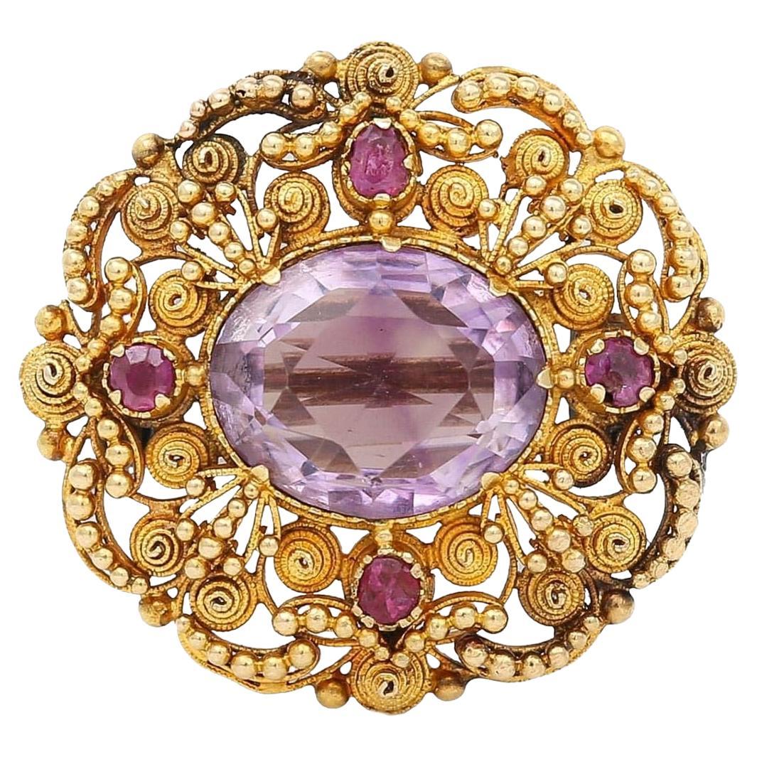 Georgian 18ct Gold Amethyst and Ruby Canetille Brooch, circa 1830 at ...
