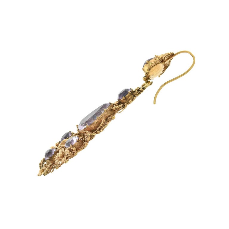 Georgian 18kt and Amethyst Cannetile Wirework Dangle Earrings at 1stDibs