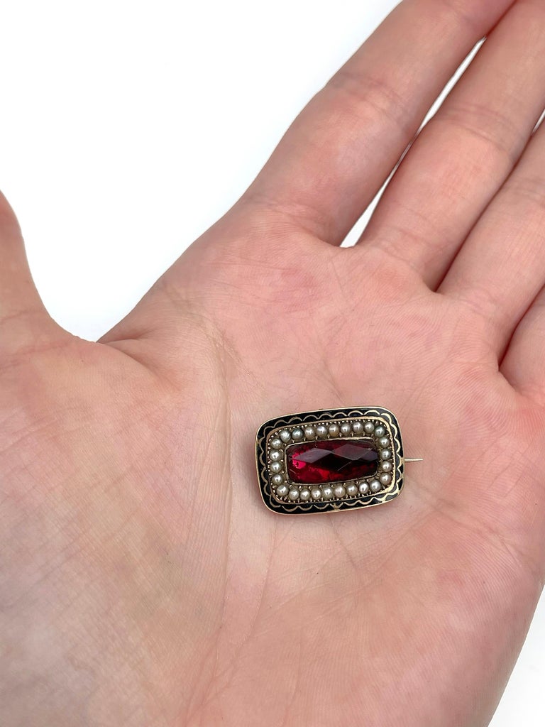 Georgian 9 Karat Gold Red Garnet Seed Pearl Black Enamel Rectangle Pin ...