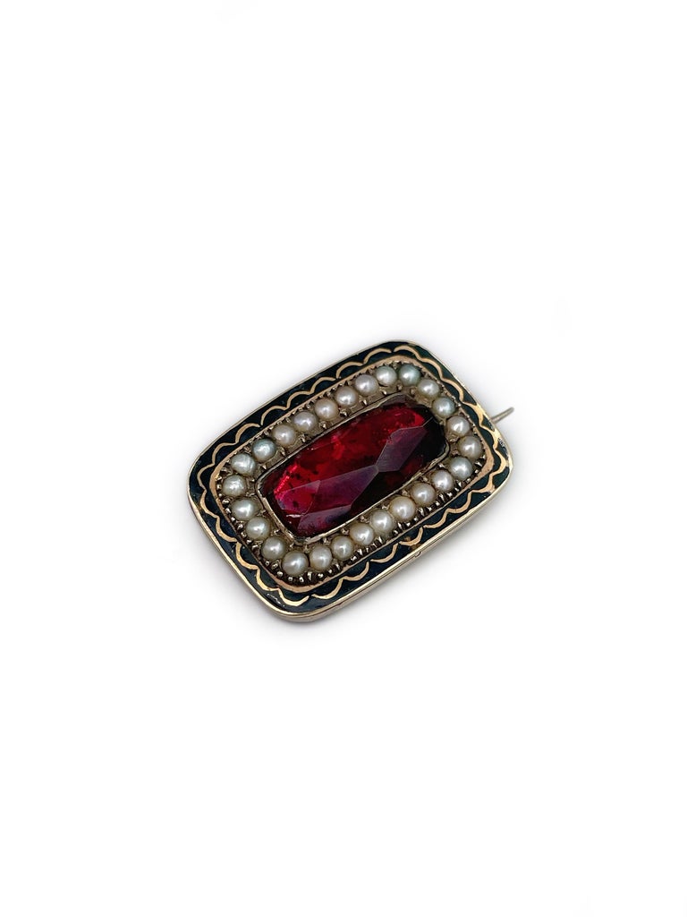 Georgian 9 Karat Gold Red Garnet Seed Pearl Black Enamel Rectangle Pin ...