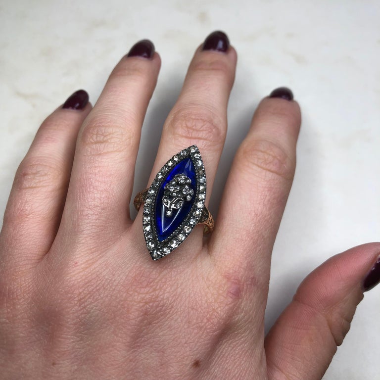 Georgian Bristol Blue Glass and Diamond 18 Carat Gold Ring at 1stDibs