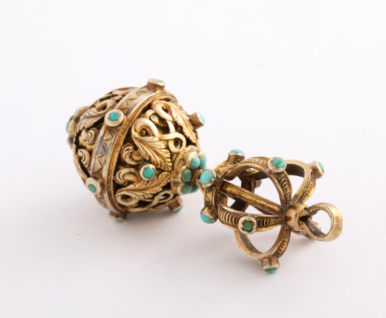 Georgian Crowned Turquoise Set Pomander Censer Pendant For Sale at 1stDibs