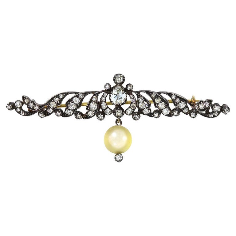 Georgian English 15K and Silver Topped Mine Cut Diamond and Pearl Pin ...