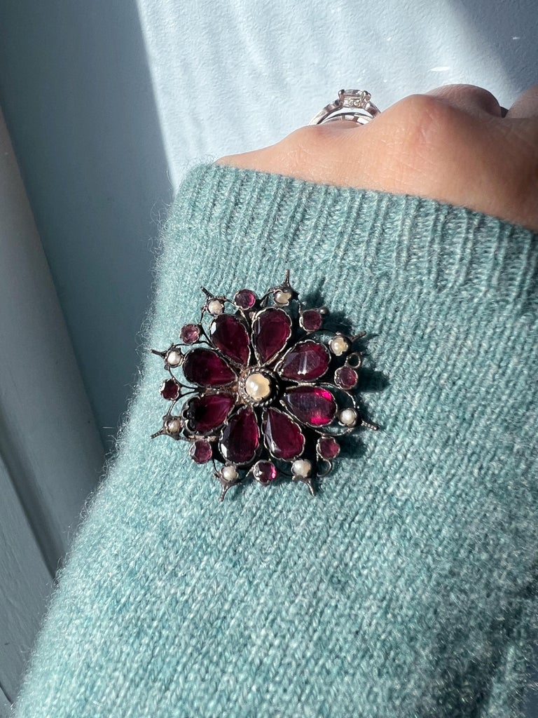Georgian Era Flat Cut Purplish Red Almandine Garnet Seed Pearl Flower ...