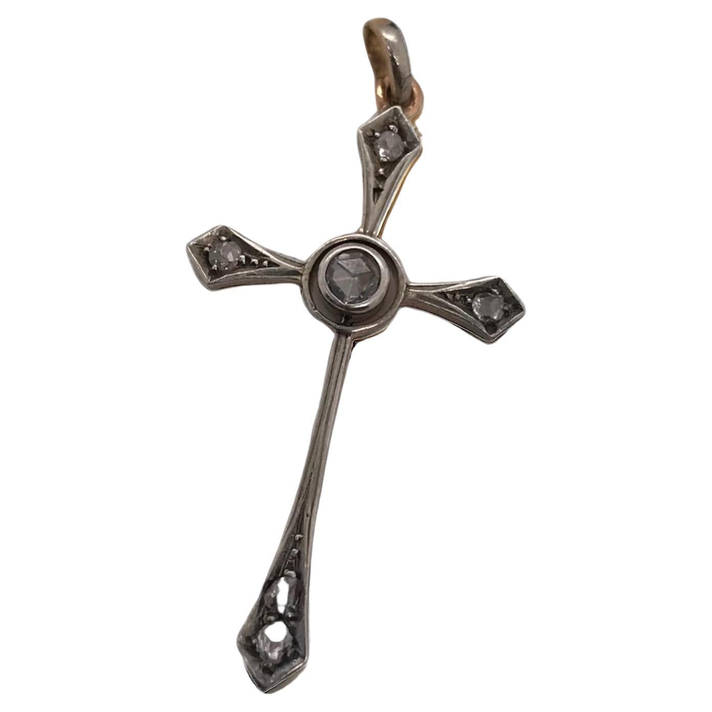 Georgian Era Rose Cut Diamond Cross 14K Rose Gold Silver Topped at 1stDibs