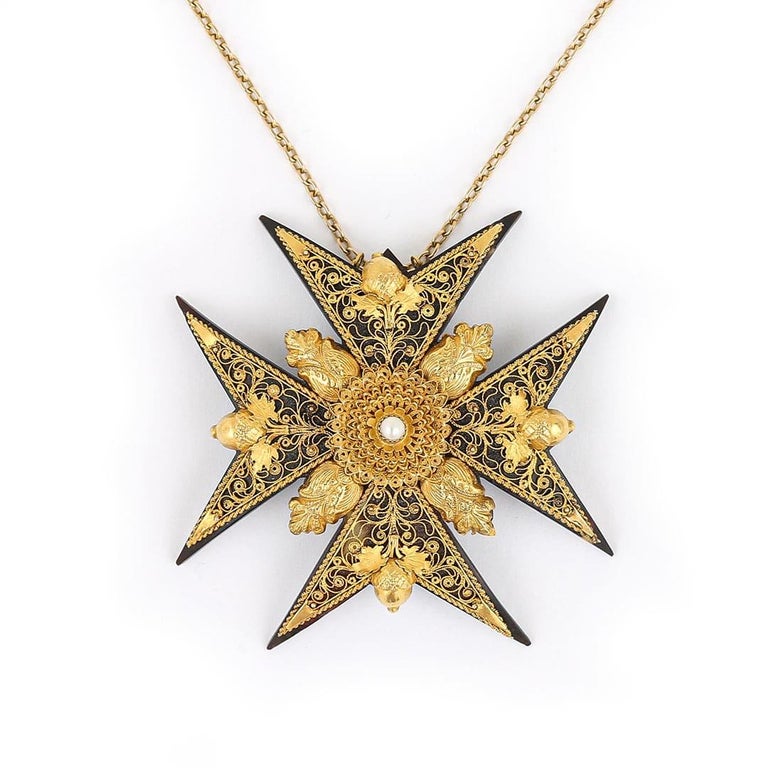 Georgian Filigree Gold, Piqué and Seed Pearl Maltese Cross Pendant ...