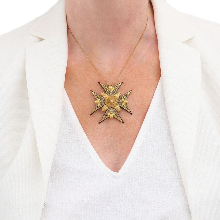 Georgian Filigree Gold, Piqué and Seed Pearl Maltese Cross Pendant ...