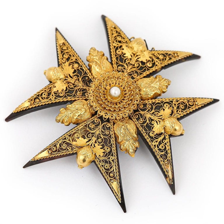 Georgian Filigree Gold, Piqué and Seed Pearl Maltese Cross Pendant ...