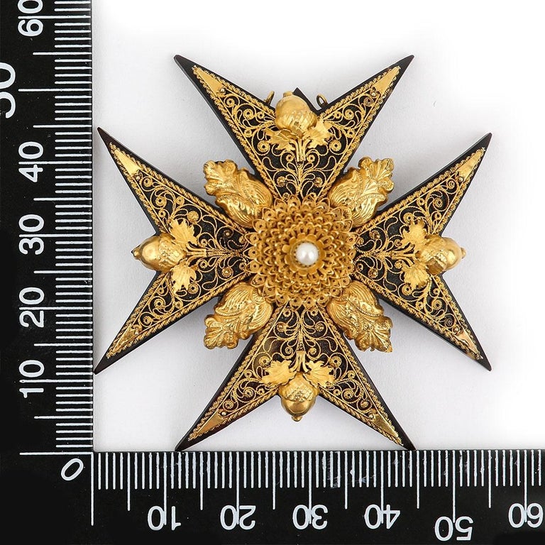 Georgian Filigree Gold, Piqué and Seed Pearl Maltese Cross Pendant ...