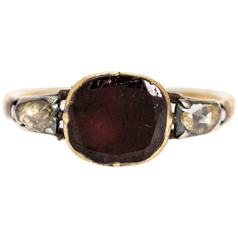 Georgian Flat Cut Garnet and Rose Cut Diamond 18 Carat Gold Ring at 1stDibs
