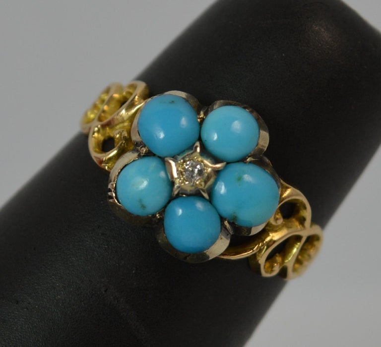 Georgian Forget Me Not Turquoise and Diamond 15 Carat Gold Ring at 1stDibs