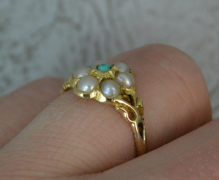 Georgian Forget Me Not Turquoise and Pearl 18 Carat Gold Ring at 1stDibs