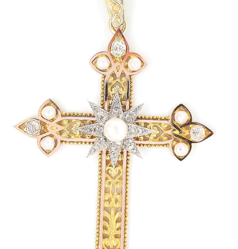 Georgian Gold Silver Diamond Pearl Cross Pendant For Sale at 1stdibs