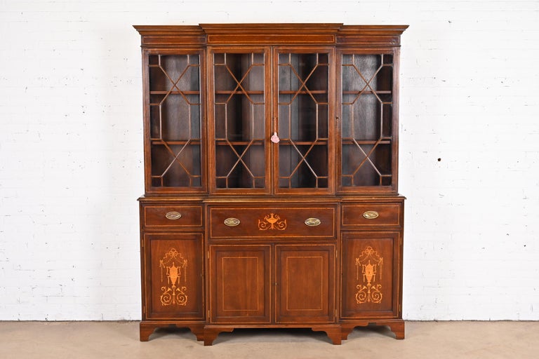 Georgian Inlaid Mahogany Breakfront Bookcase With Drop Front Secretary ...