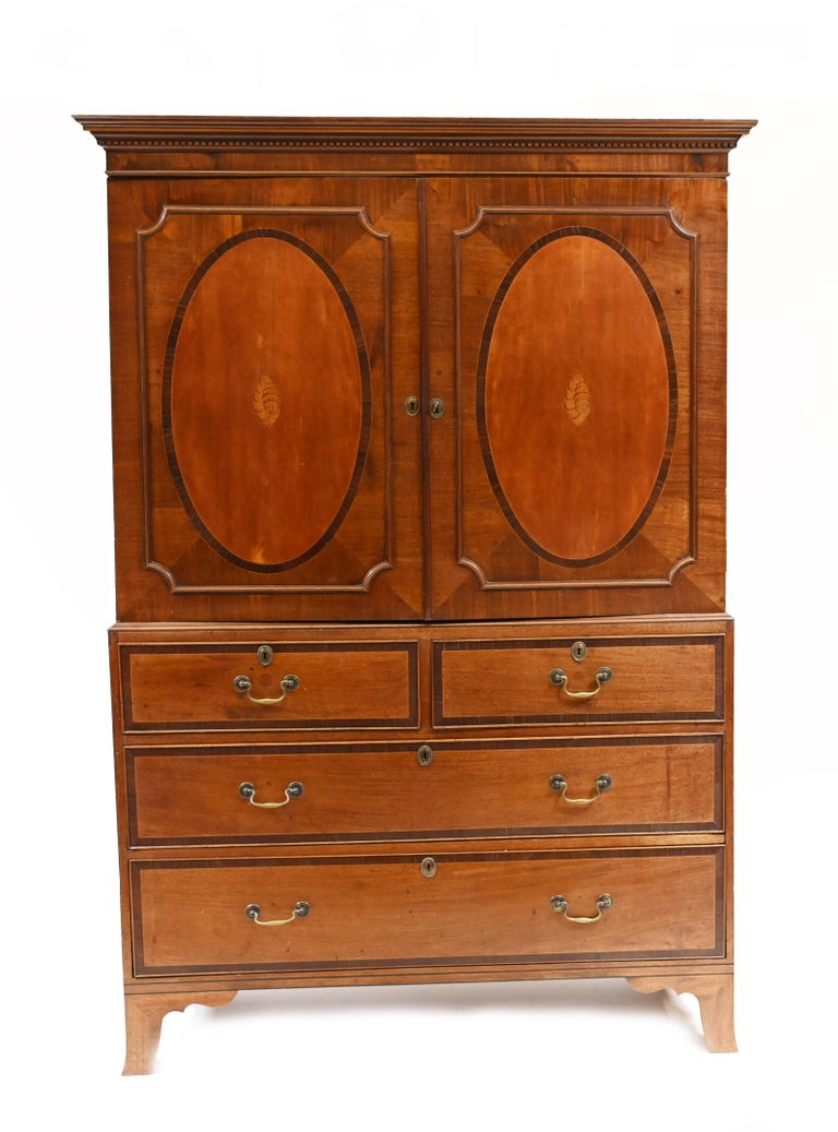 Georgian Linen Press Mahogany Inlay Cabinet 1790 For Sale at 1stDibs