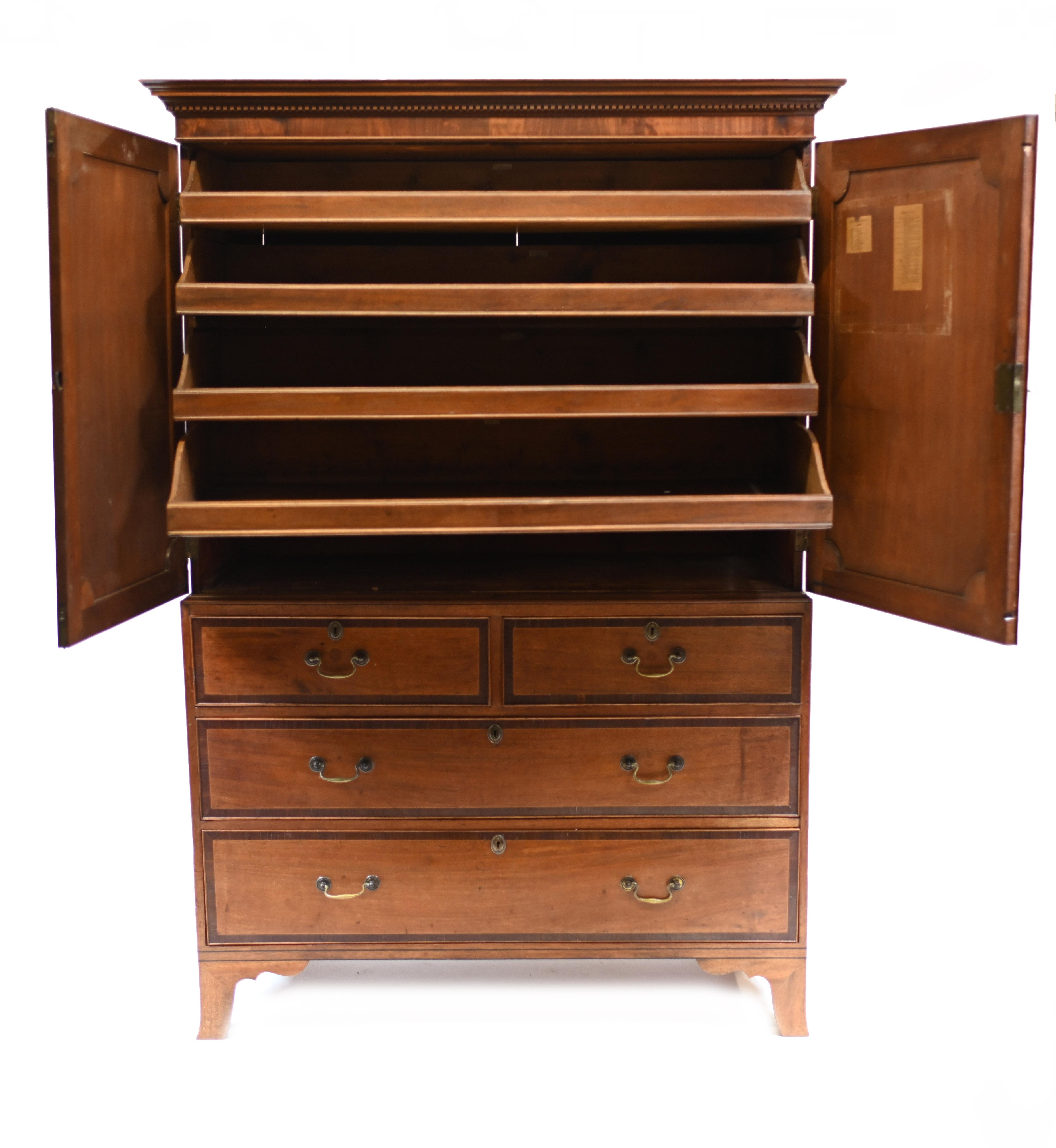 Georgian Linen Press Mahogany Inlay Cabinet 1790 For Sale at 1stDibs