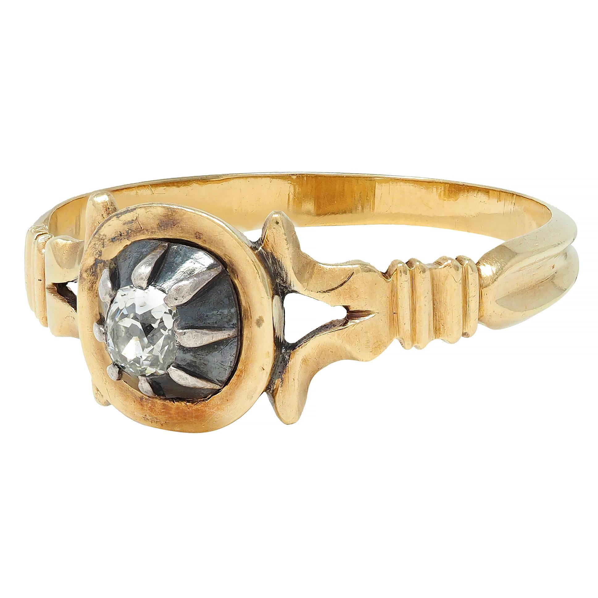 Georgian Old Mine Cut Diamond 18 Karat Gold Silver Antique Engagement ...