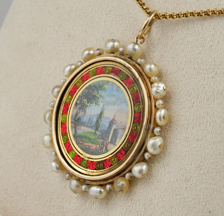 Georgian Rare Natural Pearl Painted Miniature Enamel Pendant 18 Karat ...