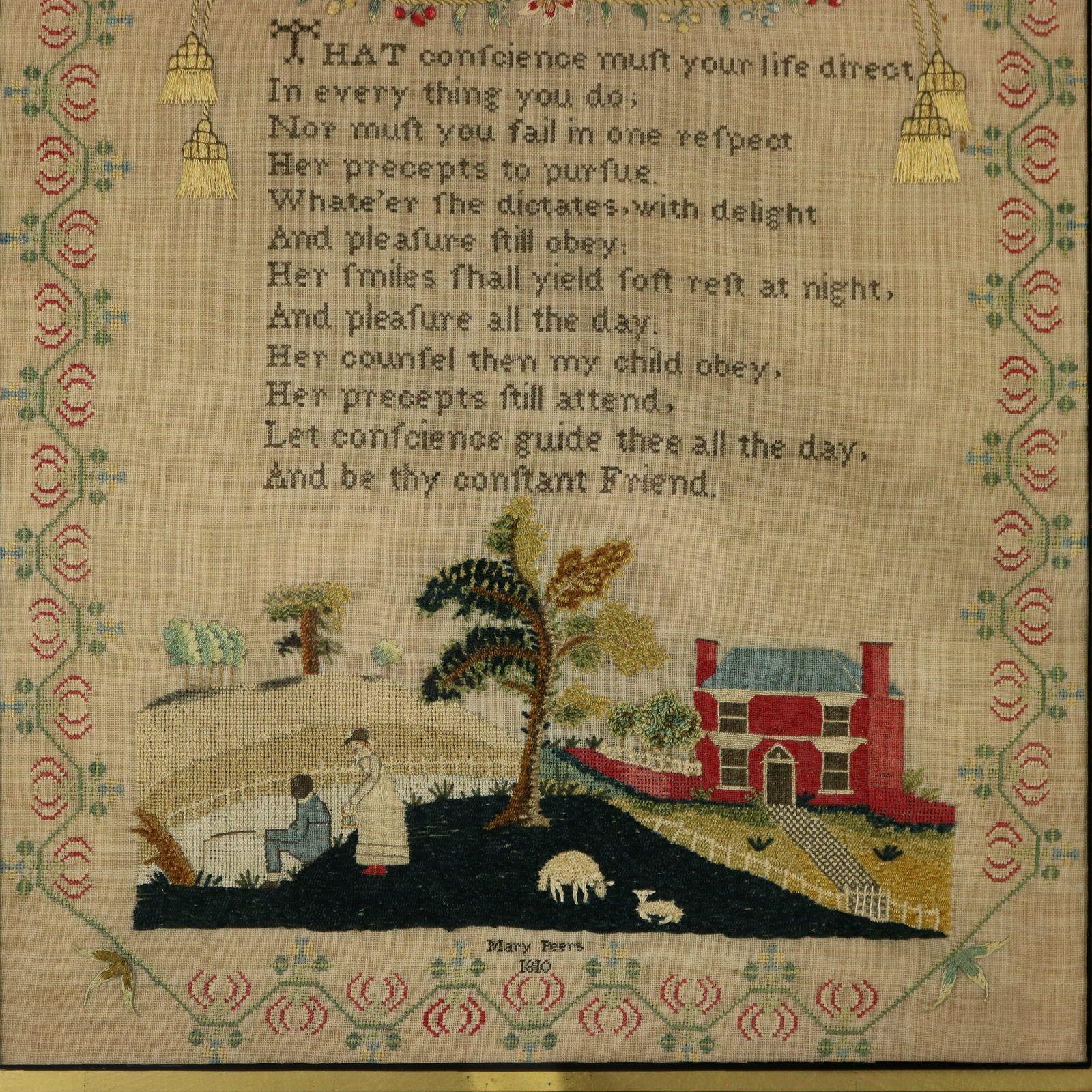 Georgian Sampler, 1810, by Mary Peers with Country Scene at 1stDibs