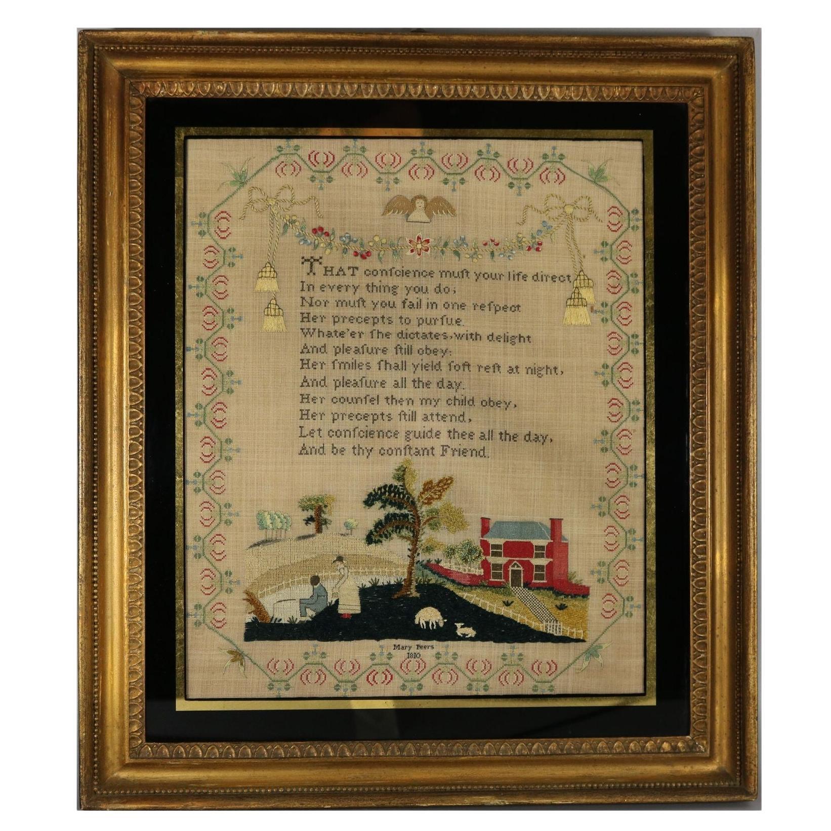 Georgian Sampler, 1810, by Mary Peers with Country Scene at 1stDibs