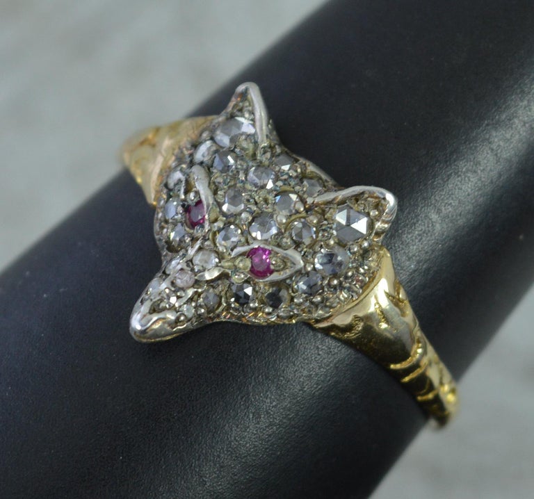 Georgian Style 18ct Gold Ruby and Rose Cut Diamond Fox Cluster Ring For ...