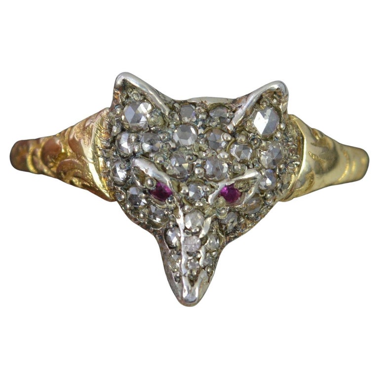 Georgian Style 18ct Gold Ruby and Rose Cut Diamond Fox Cluster Ring For ...