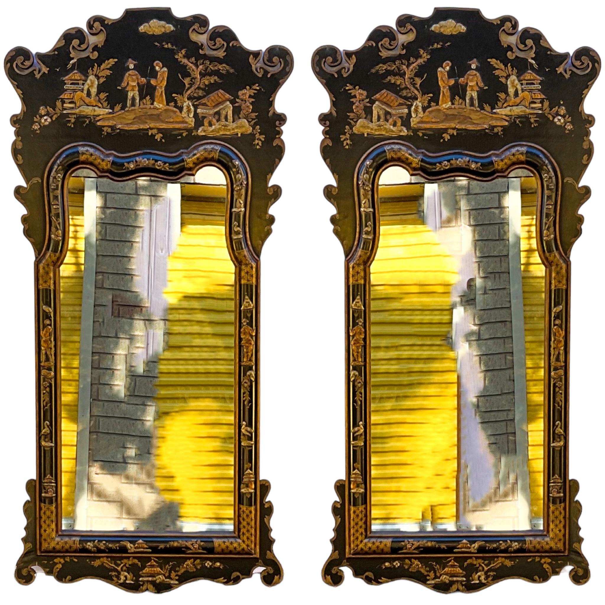 Georgian Style Black Lacquer and Gilt Chinoiserie Mirrors - Pair For ...