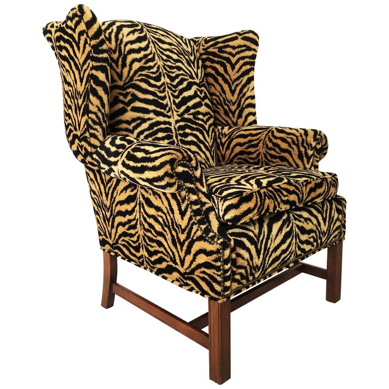 Georgian Style Tiger Print Upholstered Wingback Chair For Sale at 1stDibs