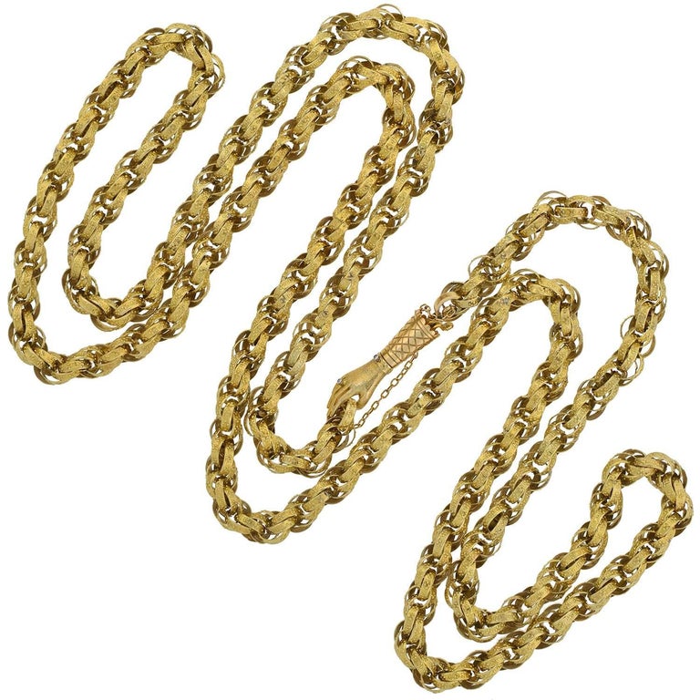 Georgian Textured Link Chain Necklace with Diamond Hand Clasp at 1stDibs