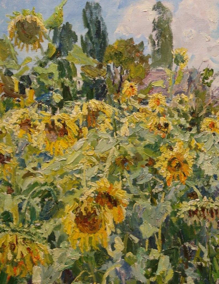 Georgij Moroz - "Sunflowers"Yellow,Child,Dog,Impressionism,oil painting ...