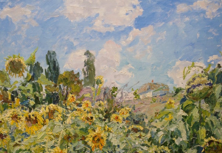 Georgij Moroz - "Sunflowers"Yellow,Child,Dog,Impressionism,oil painting ...