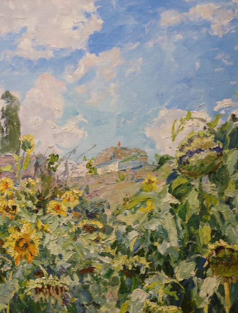 Georgij Moroz - "Sunflowers"Yellow,Child,Dog,Impressionism,oil painting ...