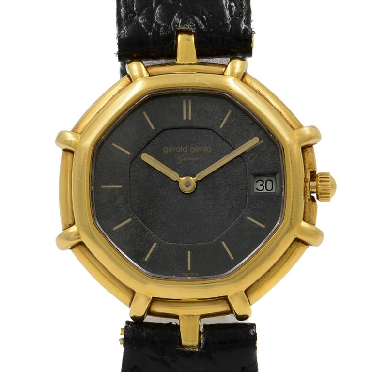 Gerald Genta Black Dial Octagonal 18k Yellow Gold Quartz Ladies Watch G2850.7 at 1stDibs