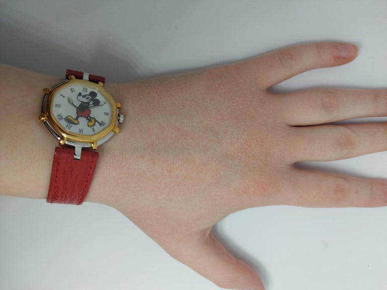 Gerald Genta Mickey Mouse Quartz Watch Red Leather Strap For Sale at ...