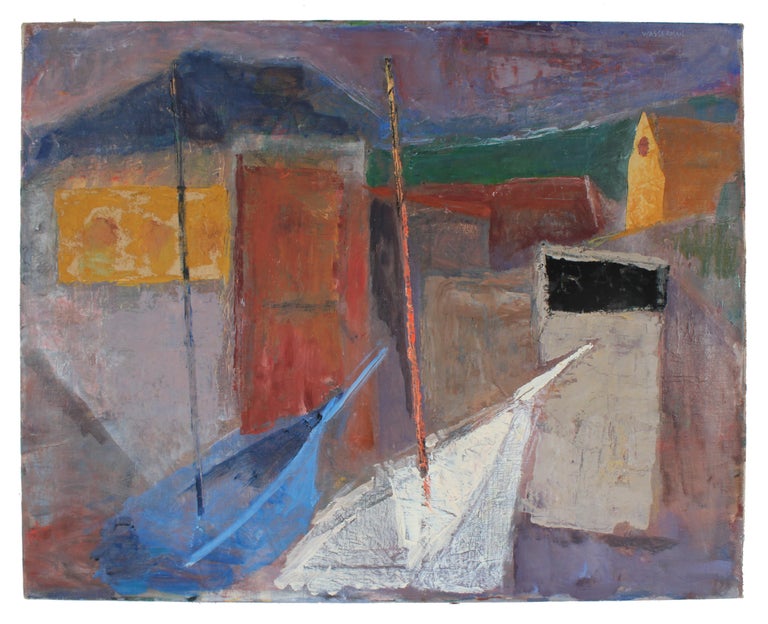 Gerald Wasserman - Mid 20th Century Modernist Boats in a Dock, Oil ...