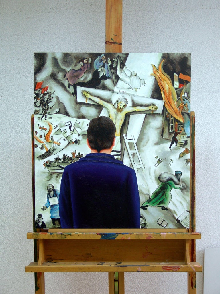 Gerard Boersma – Weiße Kreuzigung – Selbstporträt mit Marc Chagall, Gemälde, Acryl auf MDF im ...