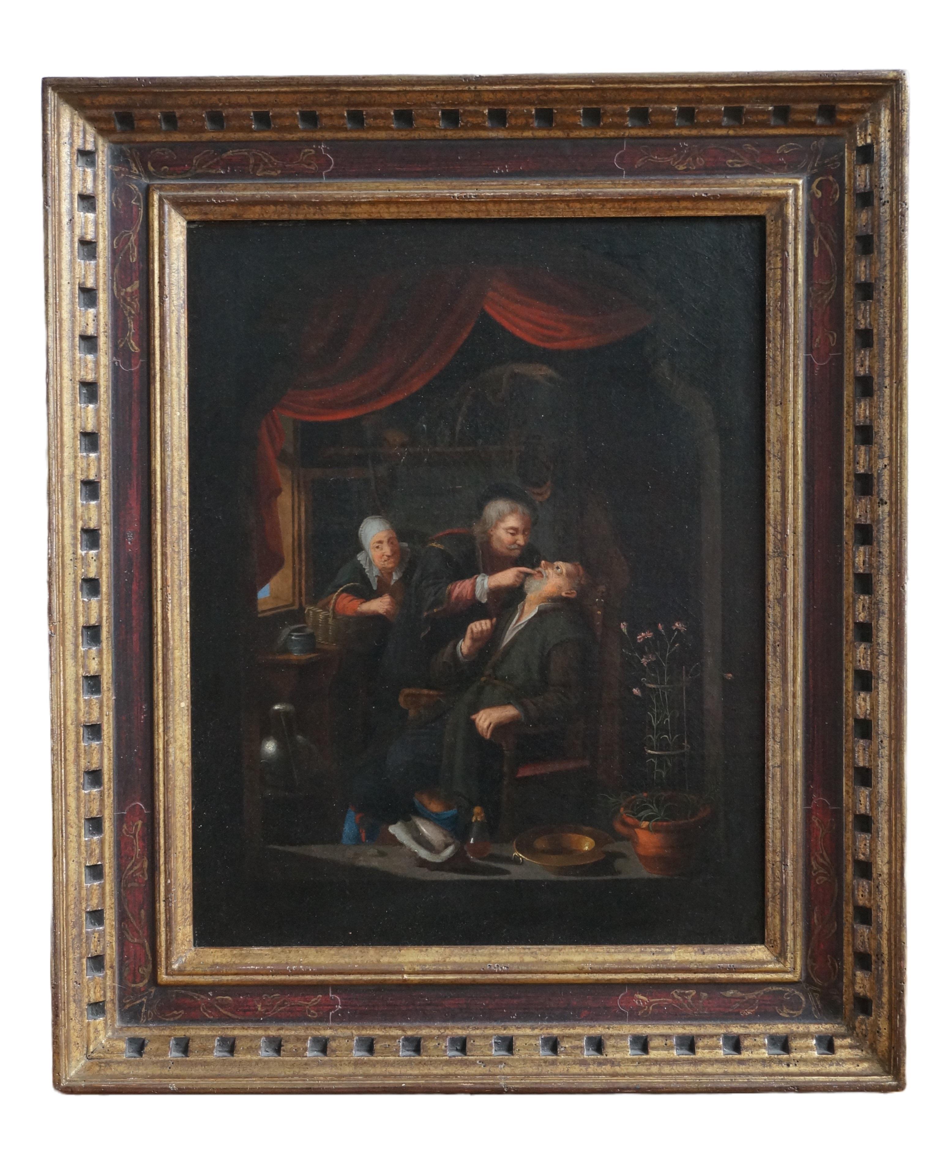 Oil painting on canvas after Gerard Dou, 'The Dentist', Dutch Golden Age For Sale at 1stDibs