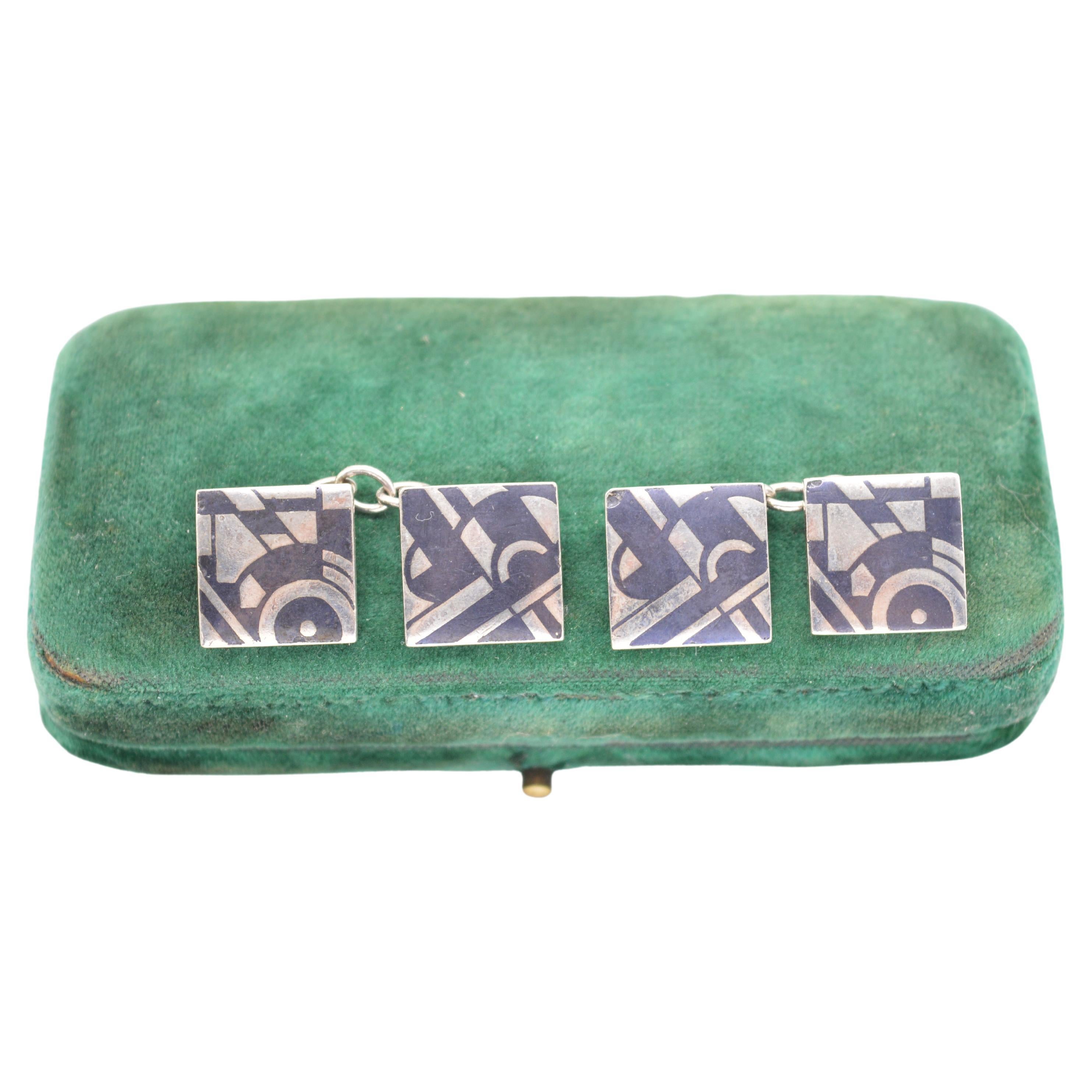 Art Deco Sterling Silver White and Yellow Enamel Krementz Cufflinks For ...