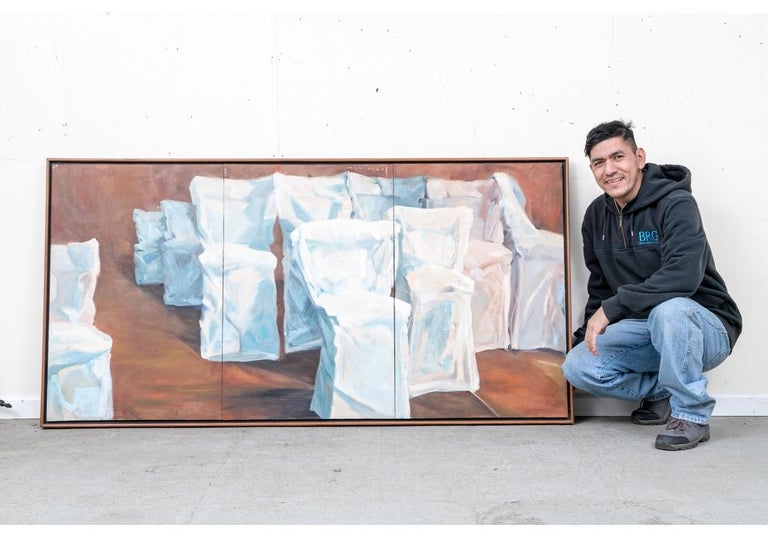 Gerda Kominik 'Austria, 20th C.' Oil on Canvas Triptych of Slip Covered Chairs For Sale at 1stDibs