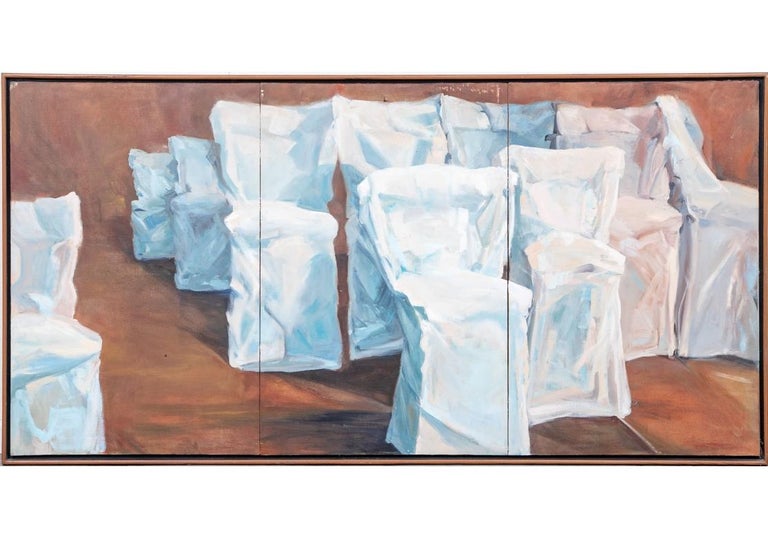 Gerda Kominik (Austria, 20th C.) Oil On Canvas Triptych of Slip Covered Chairs For Sale at 1stDibs