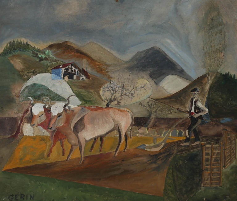 Gerini - Gerin - Mid 20th Century Oil, Farmer and Oxen For Sale at 1stDibs