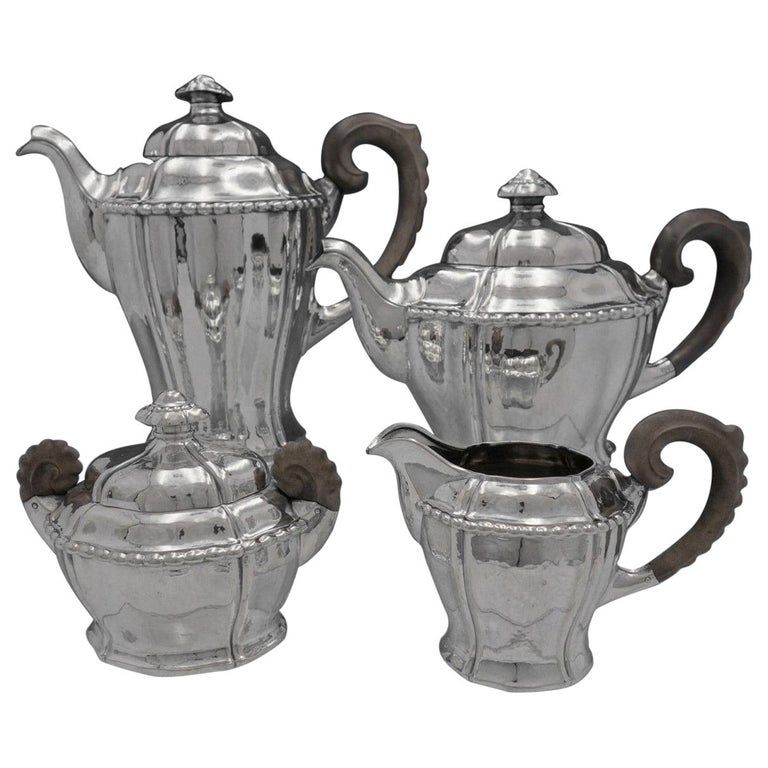 German .800 Silver Arts and Crafts Tea Set 4pc Hammered with Wood ...