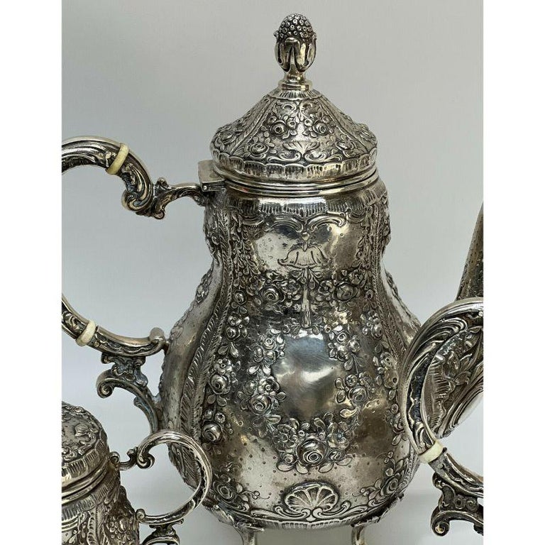 German 800 Silver Repousse Tea Set Rose Garlands and Acorn Finials ...