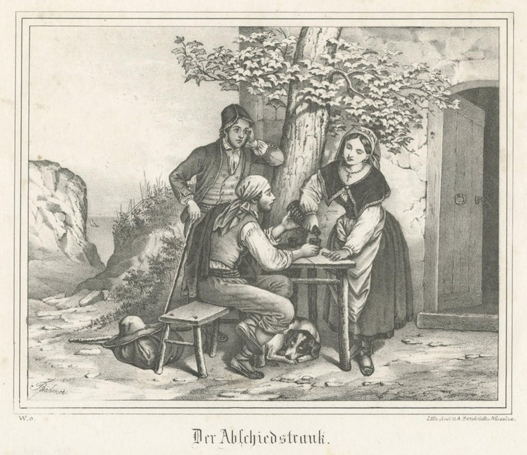 German Antique Print of People Having a Farewell or Goodbye Drink, C ...