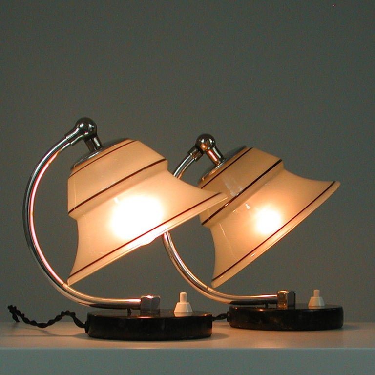 German Art Deco Enameled Satin Glass, Marble and Aluminum Table Lamps ...