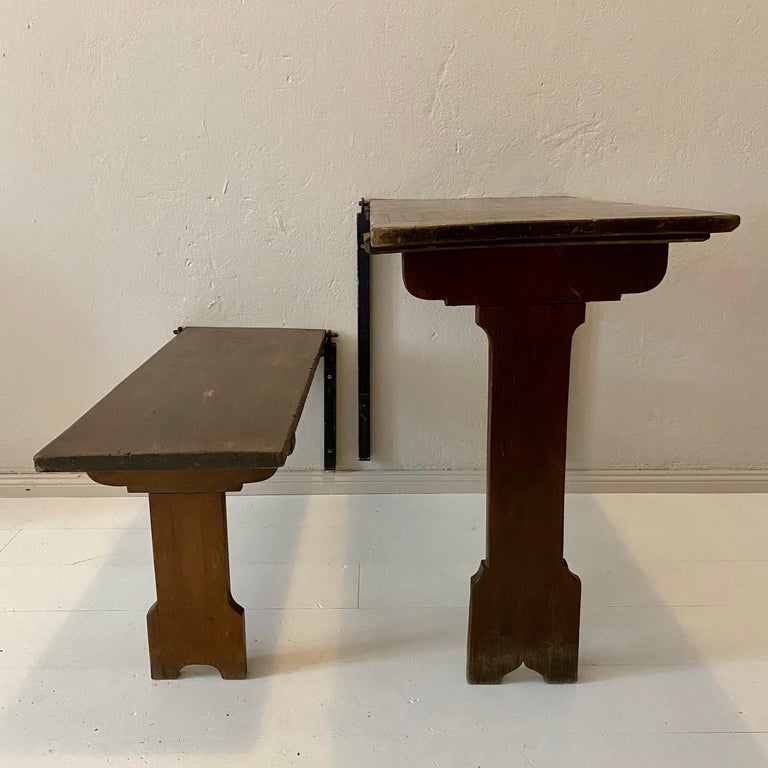 German Art Deco Wabi Sabi Naive Brown Oak Prison Cell Table and Bench ...