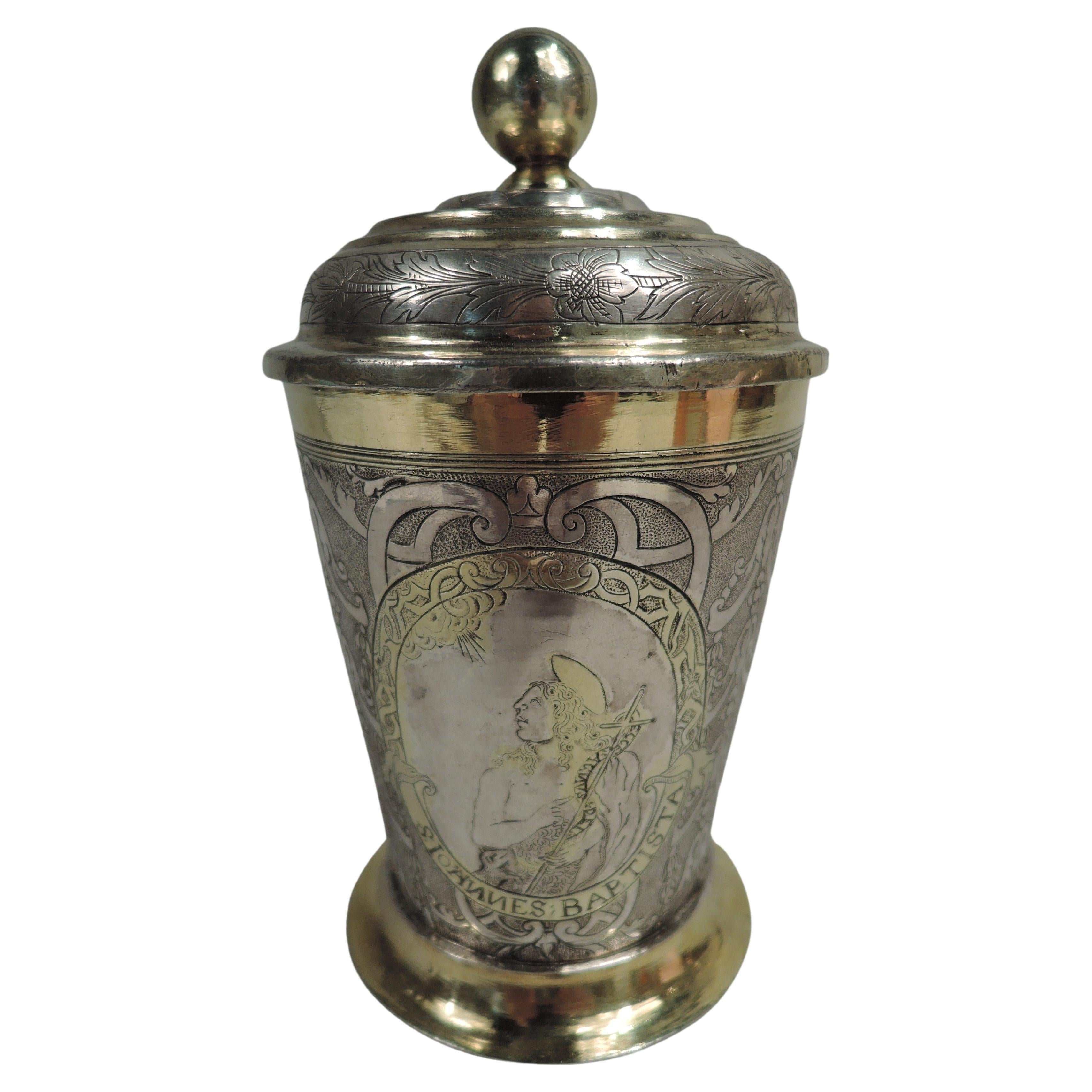 German Baroque Classical Parcel Gilt Silver Covered Cup with John the ...