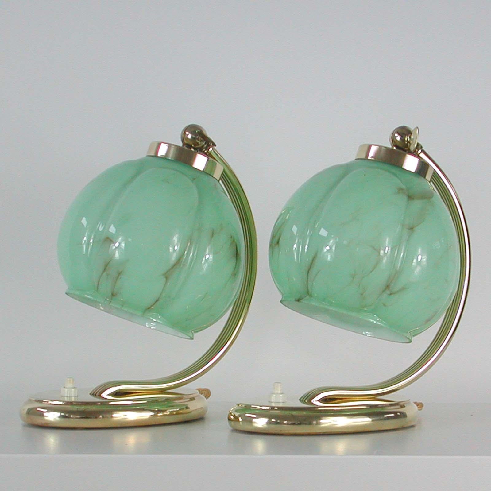 German Bauhaus Brass Table Lamps Marbled Opal Shades, Set of 2, 1930s ...